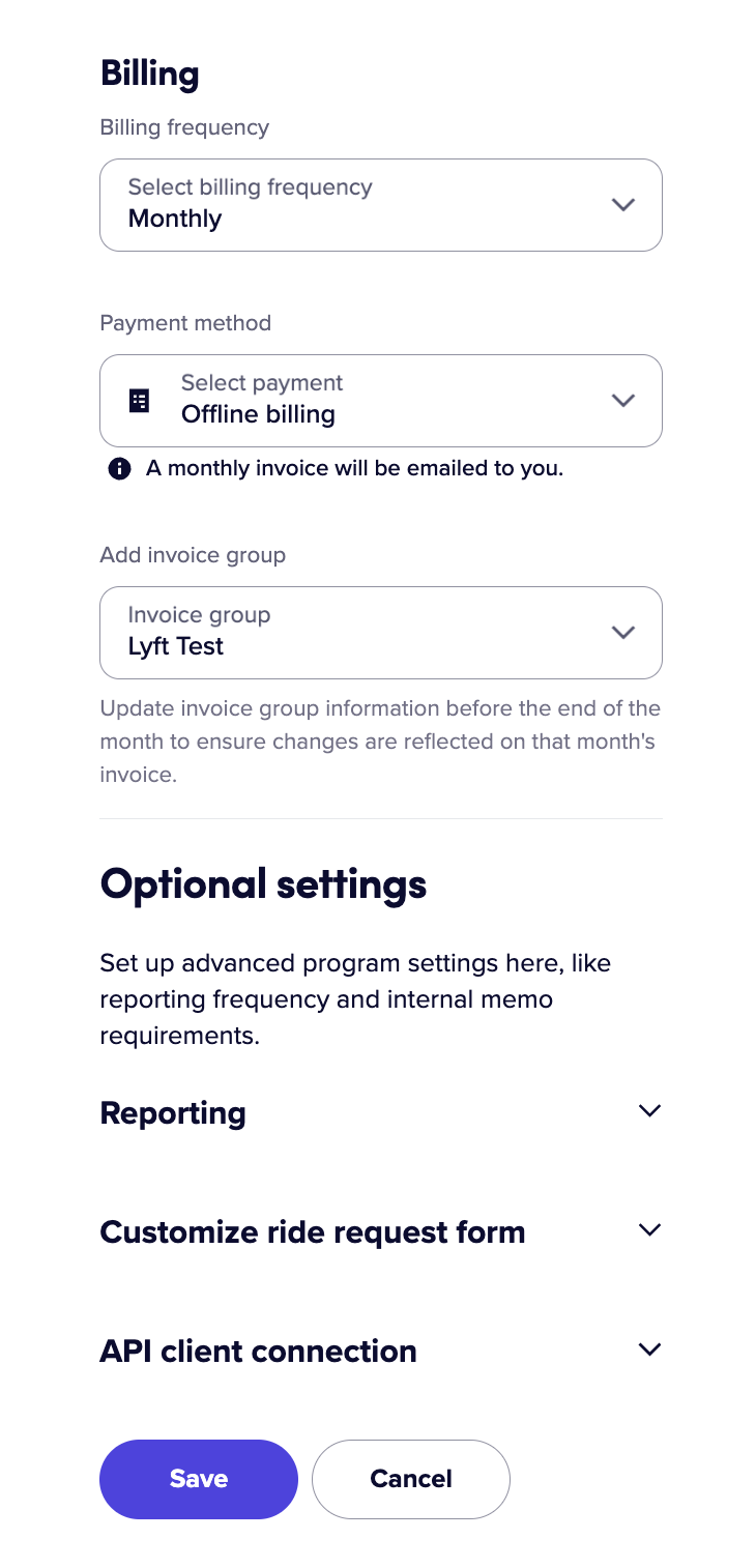 Billing options for direct billing – Lyft Business