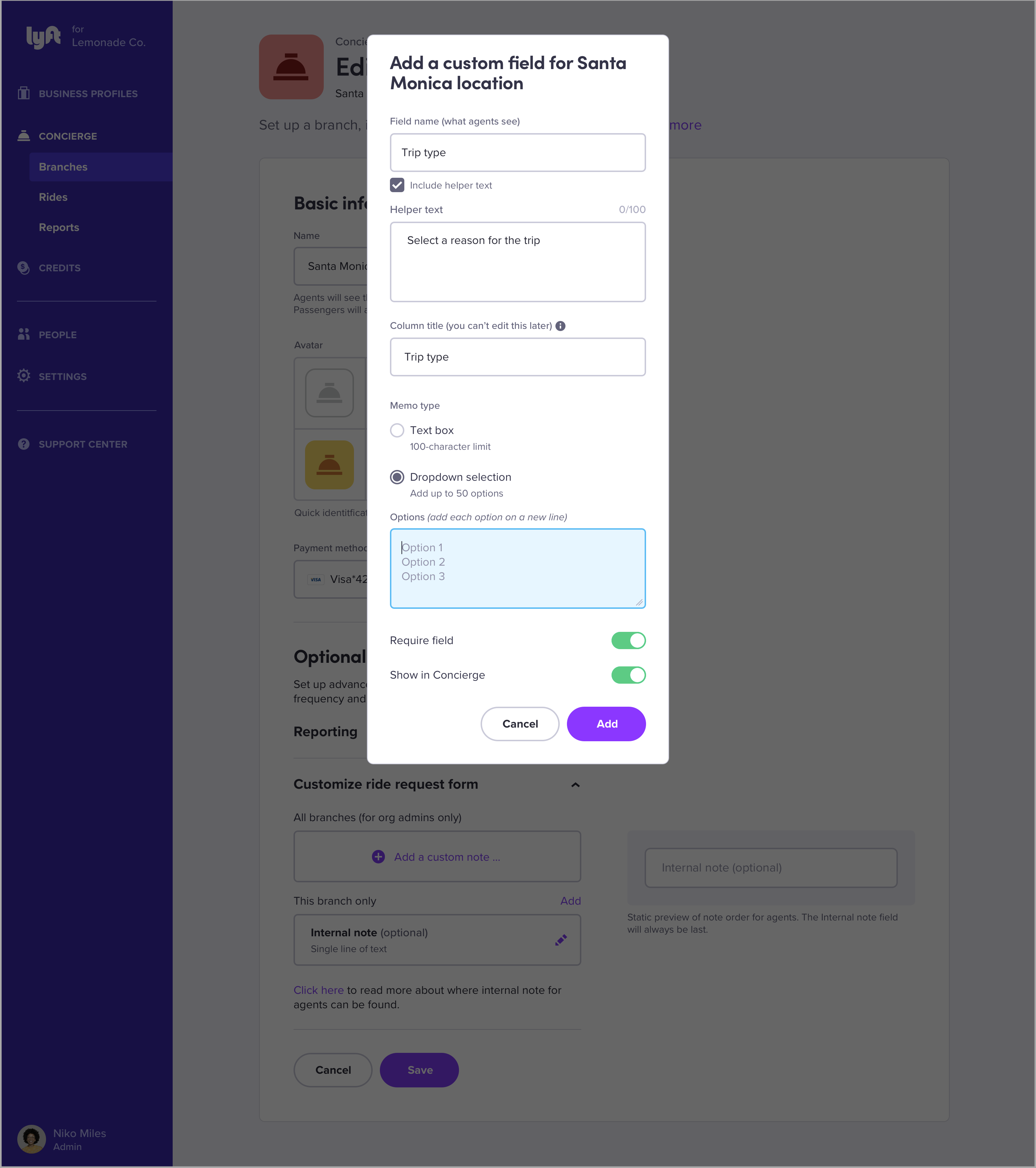 Custom fields in the Concierge ride request form and transaction ...