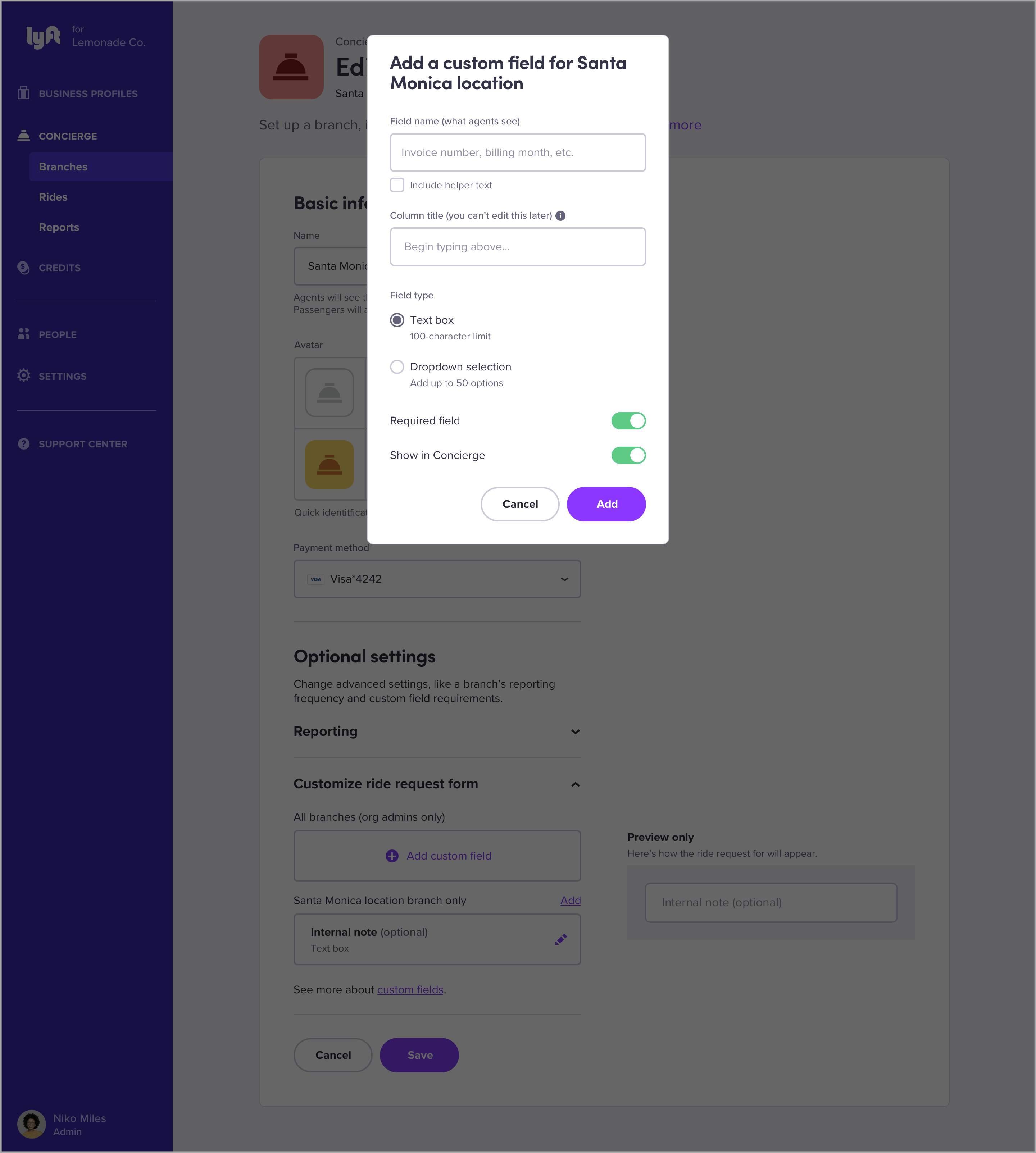 Custom fields in the Concierge ride request form and transaction ...
